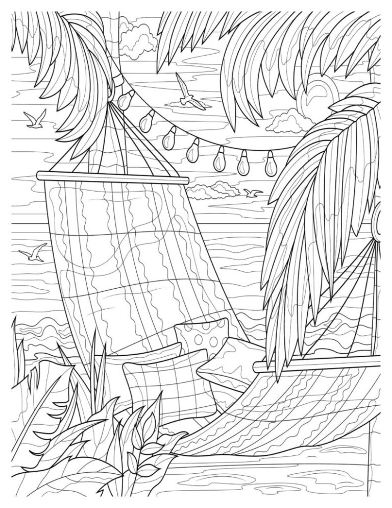 Serene Beach Coloring Pages: Relaxing Ocean Scenes