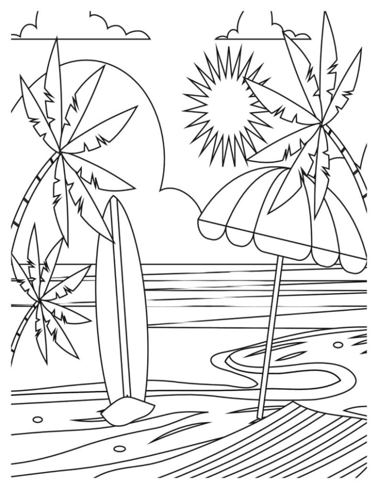 Serene Beach Coloring Pages: Relaxing Ocean Scenes
