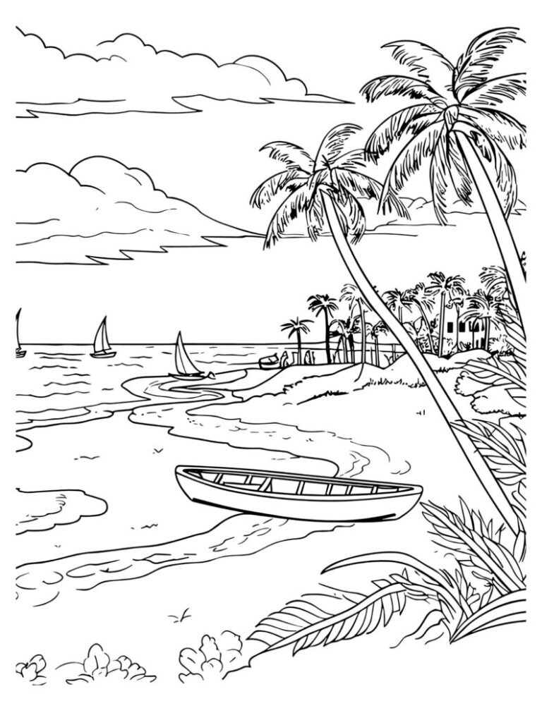 Serene Beach Coloring Pages: Relaxing Ocean Scenes