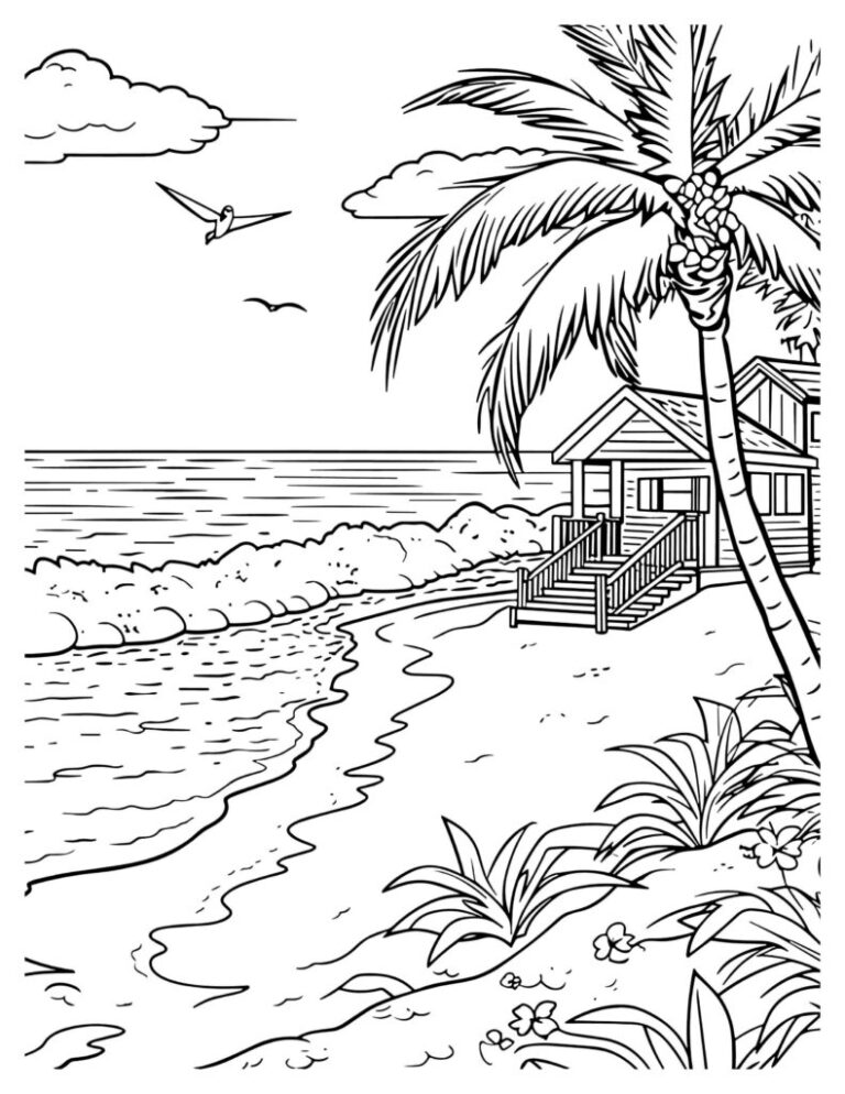 Serene Beach Coloring Pages: Relaxing Ocean Scenes