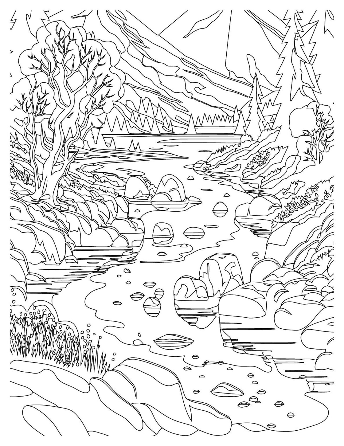 "Tranquil Riverscape Coloring Pages | Find Your Peaceful Palette"