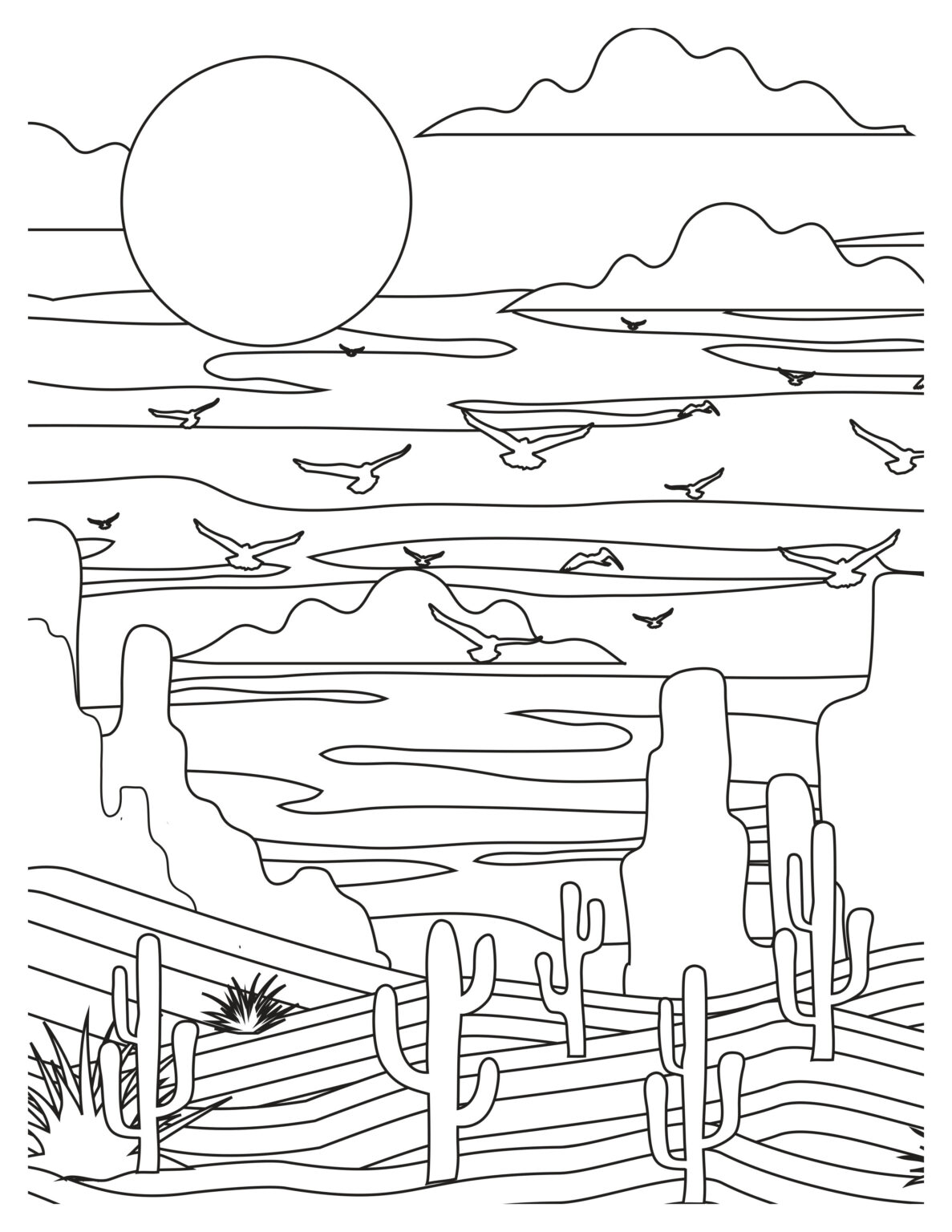 Serene Sunrise Coloring Pages: Relaxing Morning Scenes