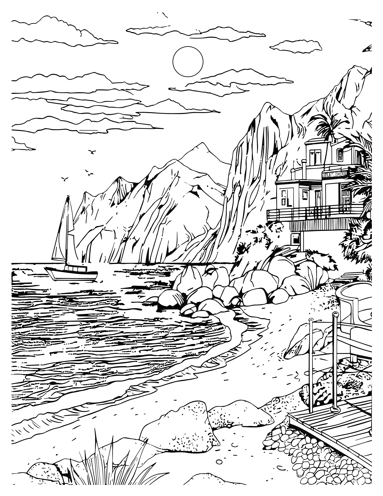 Mediterranean Coastline Coloring Pages: Explore Serene Scenes